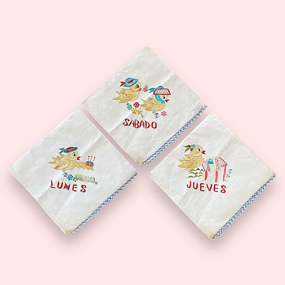 Kitchen | 3 Vintage Day Embroidered Linen Tea Towels Spanish Sabado ...
